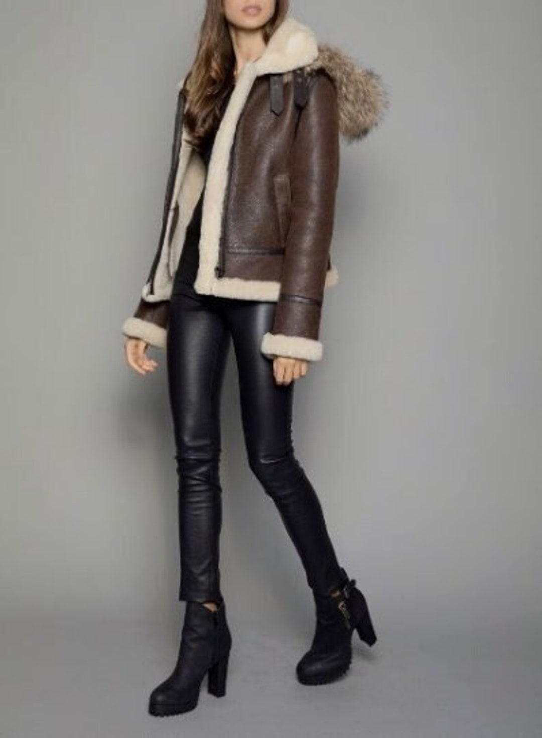 Handmade Women's Brown Shearling Fur Coat With Raccoon Fur Hood women's ...