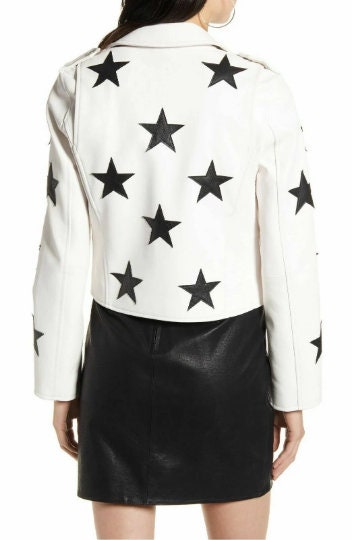Handmade Women White Star-patch Leather Belted Moto Jacket Star Patch ...