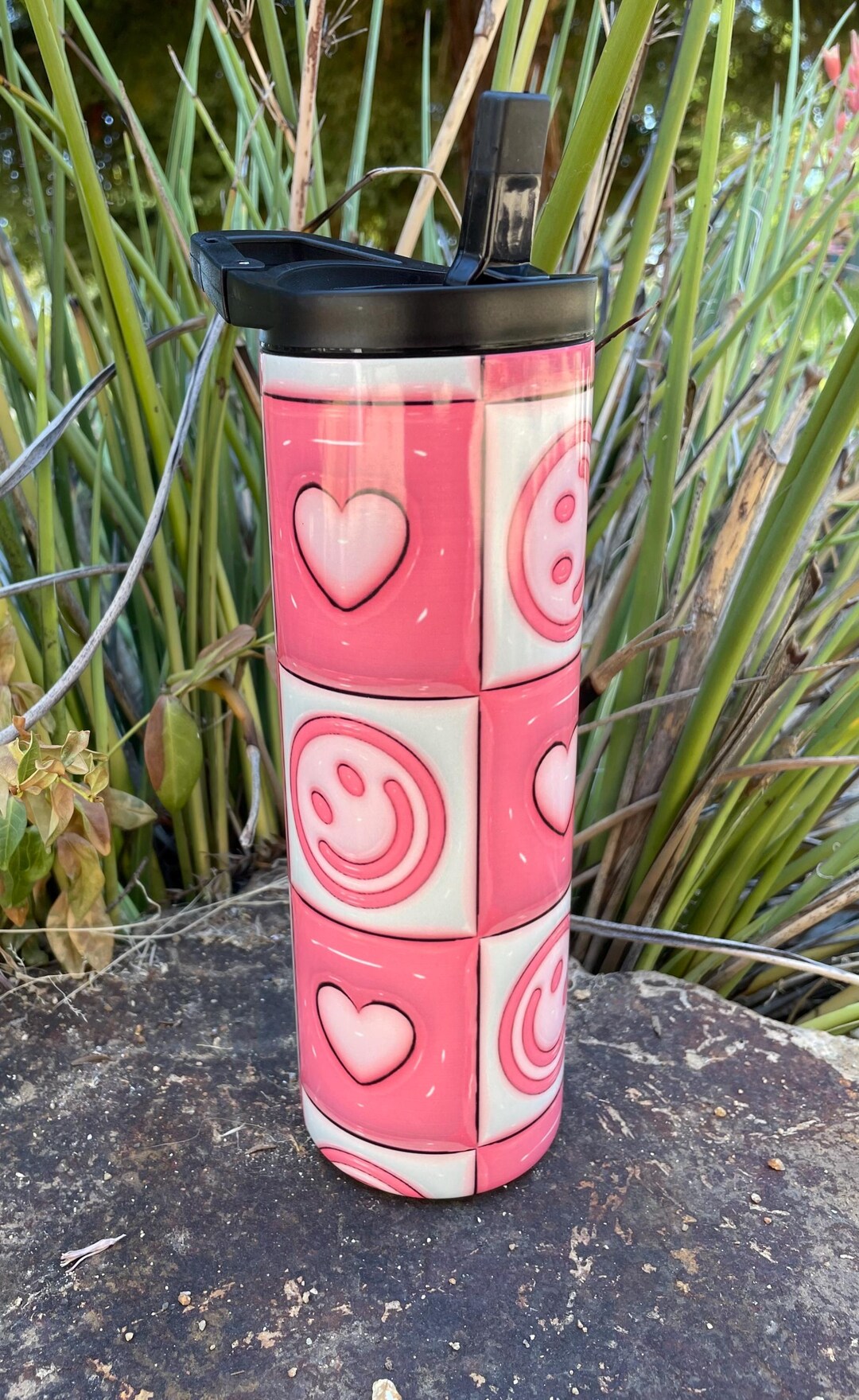 Smiley Face Stainless Steel Water Bottle: Checkered Hearts, 12oz/20oz ...