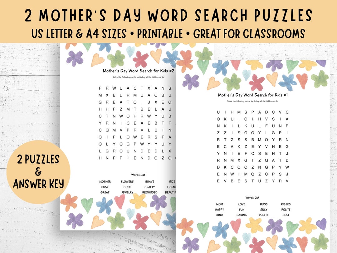 Mother's Day Kids Word Search Bundle, 3 Pgs, Printable PDF, US Letter ...