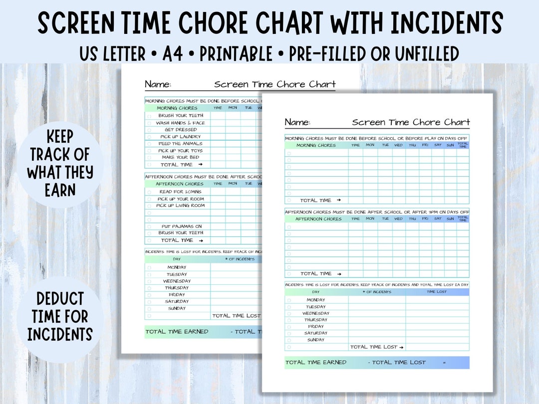Weekly Screen Time Chore Chart With Incidents, Screen Time Earnings ...