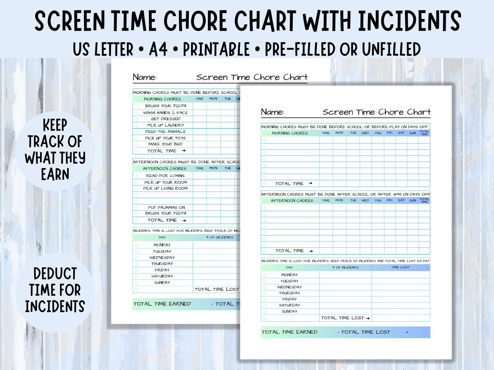 Weekly Screen Time Chore Chart With Incidents, Screen Time Earnings ...