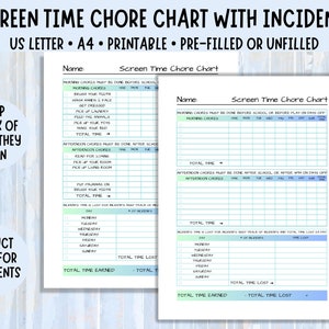 Weekly Screen Time Chore Chart With Incidents, Screen Time Earnings ...