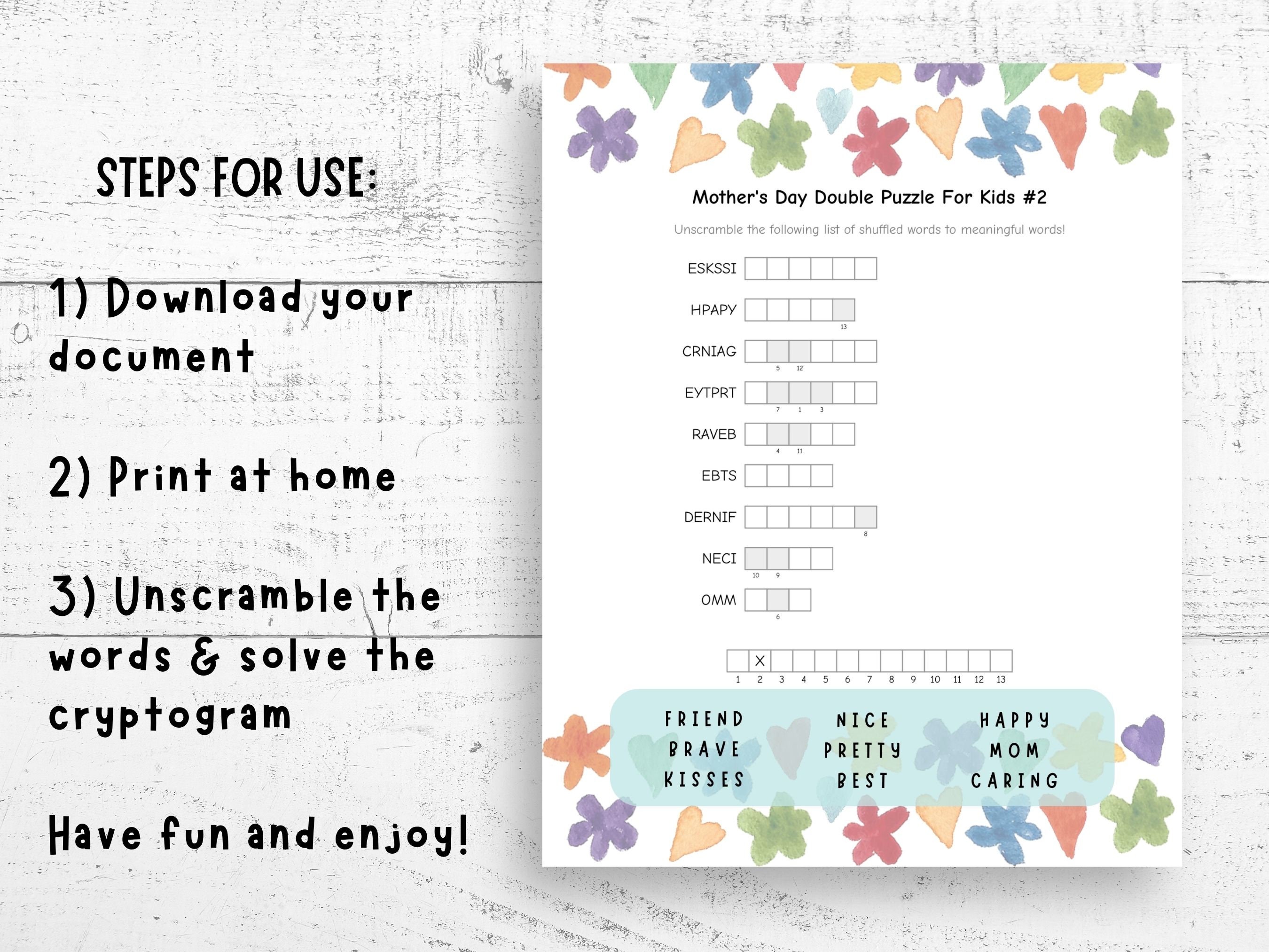 Mother's Day Double Puzzles for Kids, 3 Pgs, Word Scramble Combined ...
