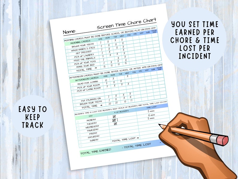 Weekly Screen Time Chore Chart With Incidents, Screen Time Earnings ...