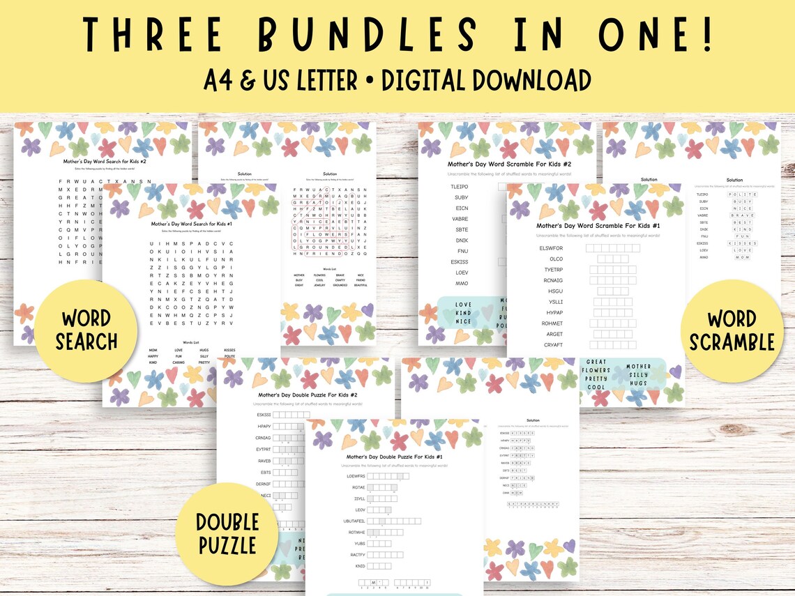 Mother's Day Kids Puzzles Activity Bundle, 9 Pgs, Word Searches, Word ...
