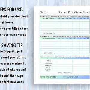 Weekly Screen Time Chore Chart With Incidents, Screen Time Earnings ...