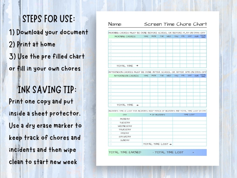 Weekly Screen Time Chore Chart With Incidents, Screen Time Earnings ...