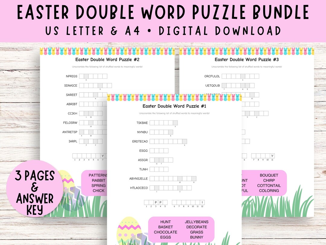 Easter Double Word Puzzle Bundle, 3 Pages + Answer Key, Word Scramble ...