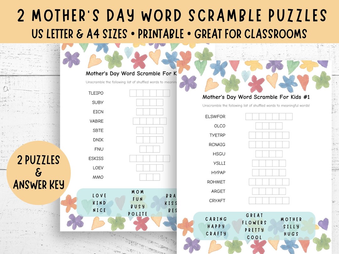 Mother's Day Word Scrambles for Kids, 3 Pages, Mother's Day Activity ...