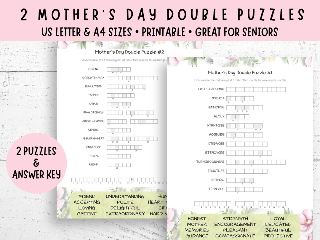 Mother's Day Double Puzzles Bundle, 3 Pages, Word Scramble Combined ...