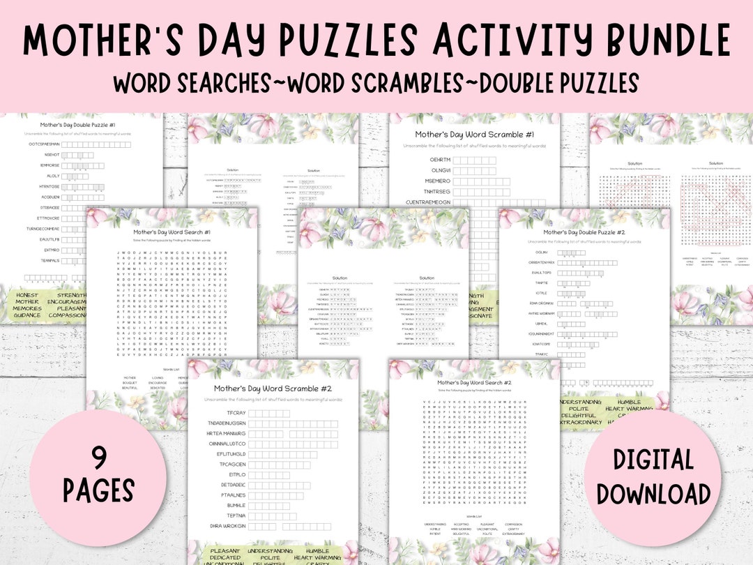 Mother's Day Word Puzzles Bundle, 9 Pgs, Word Searches, Word Scrambles ...