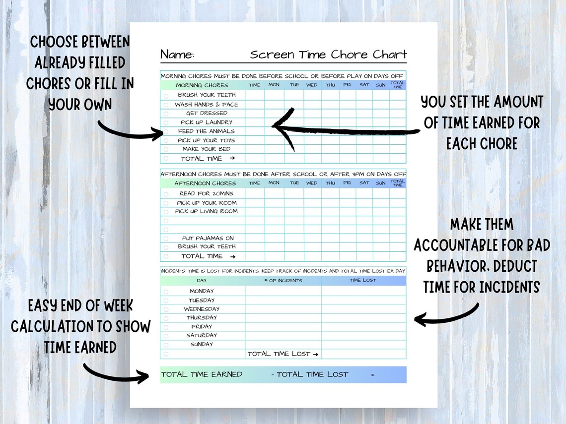 Weekly Screen Time Chore Chart With Incidents, Screen Time Earnings ...