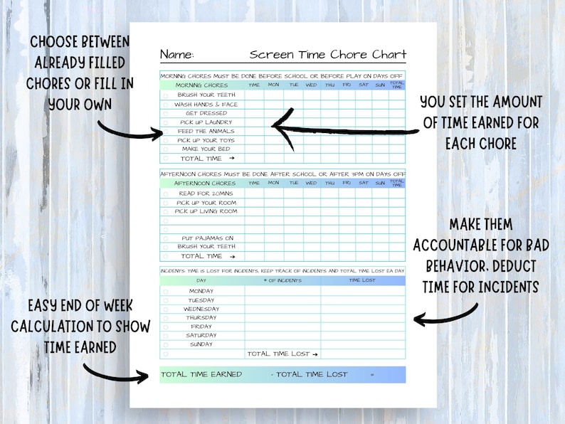 Weekly Screen Time Chore Chart With Incidents, Screen Time Earnings ...