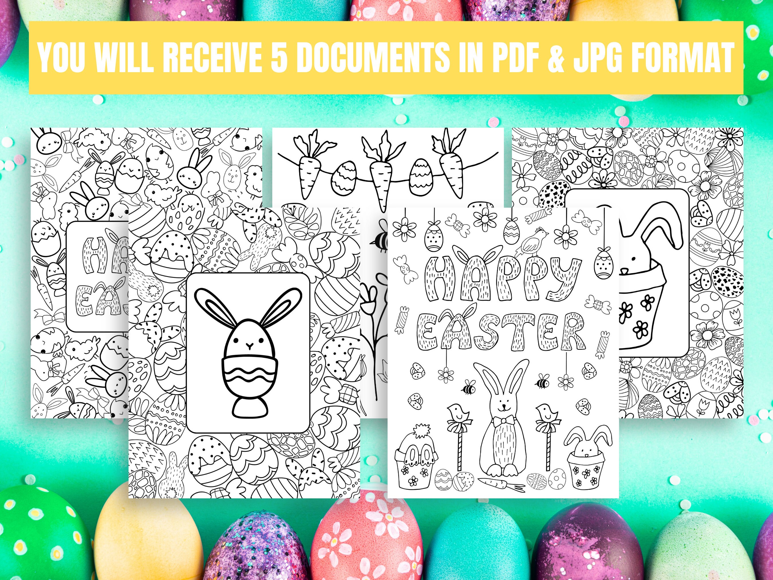 5 Page Easter Coloring Bundle, Printable Coloring Pages, Coloring ...