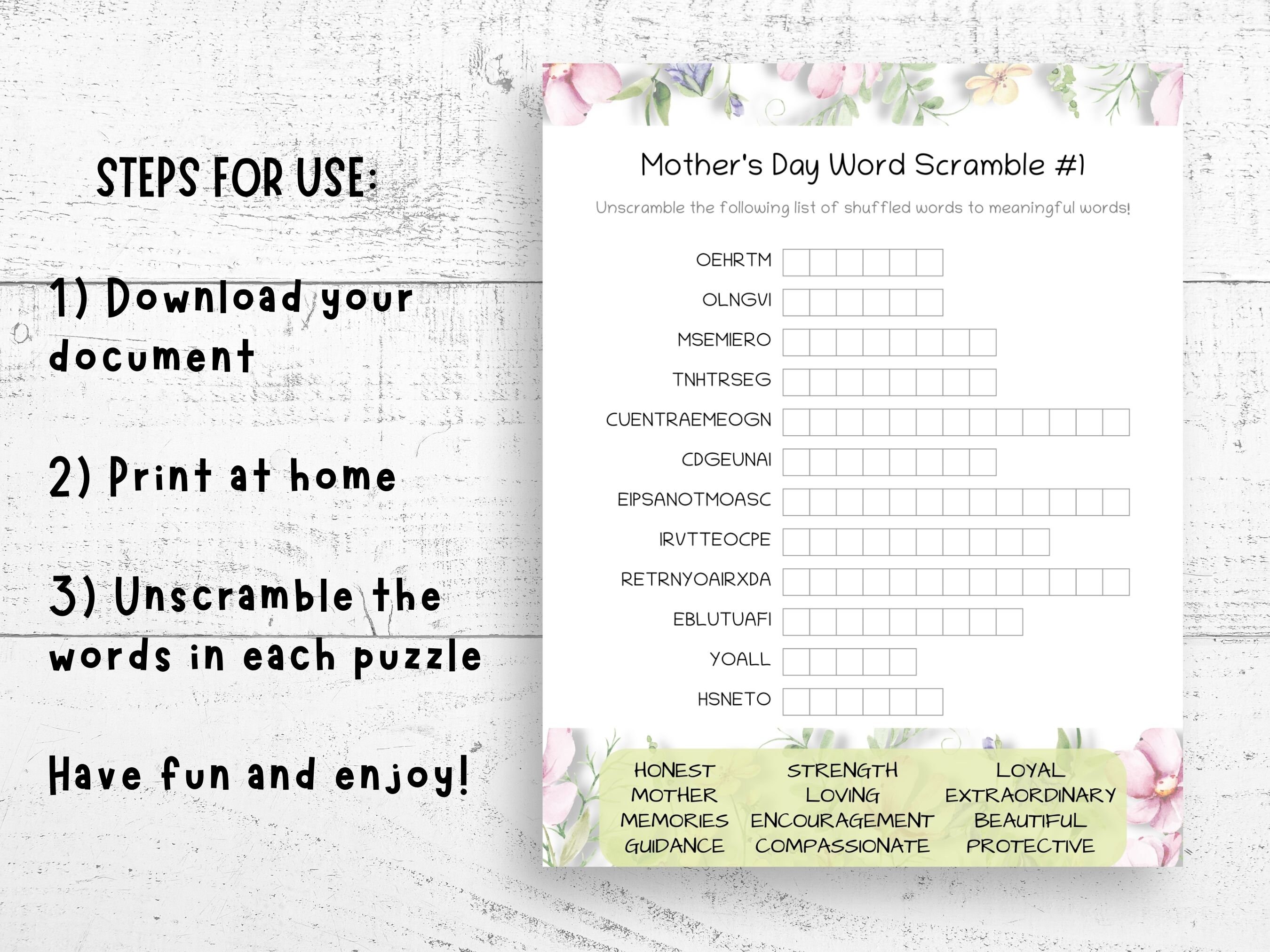 Mother's Day Word Scramble Bundle, 3 Pages, Mother's Day Table Games ...