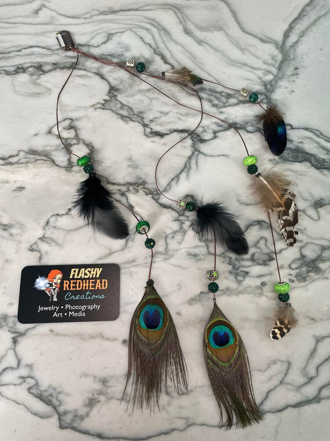 Feather Extension Hair Clip With Peacock, Natural & Black Feathers and ...