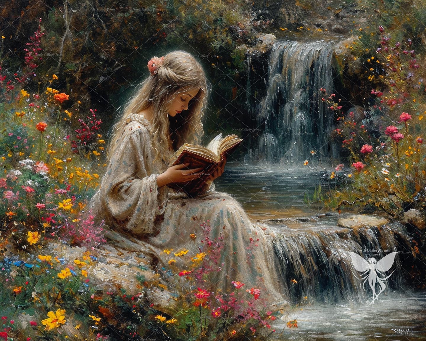 Girl Reading on a Spring Wildflowers Garden, Spring Digital Painting ...