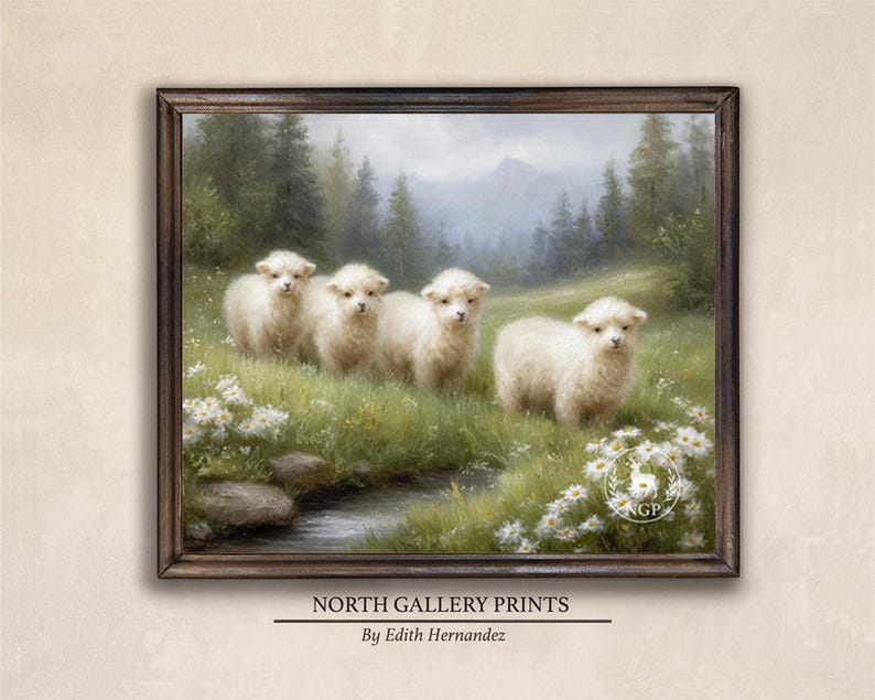 Printable Pastoral Lamb Landscape Fine Art, Farmhouse Wall Artwork ...