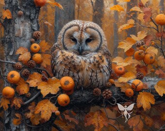 Autumn Printable Art, Fall Wall Decor, Printable Owl on Autumn Forest ...