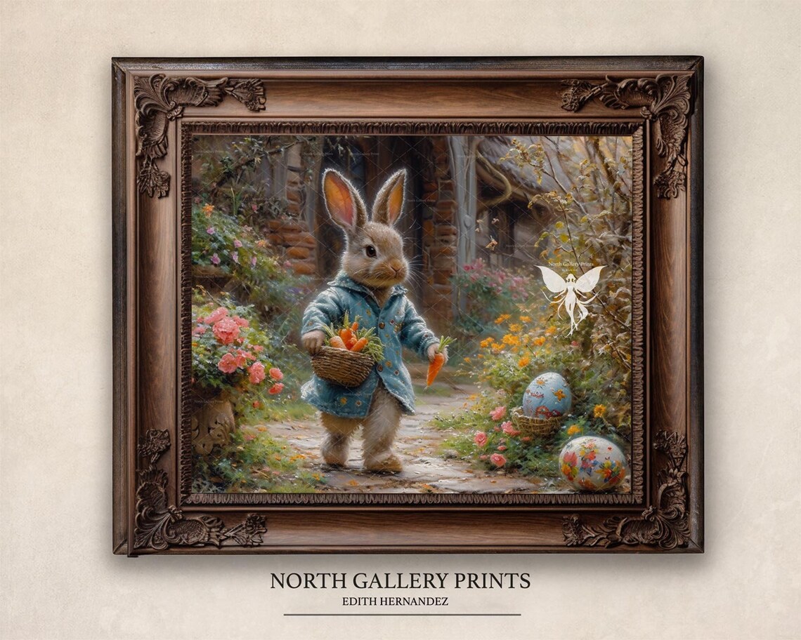 Easter Rabbit Printable Art, Easter Bunny at Spring Blossom Garden ...