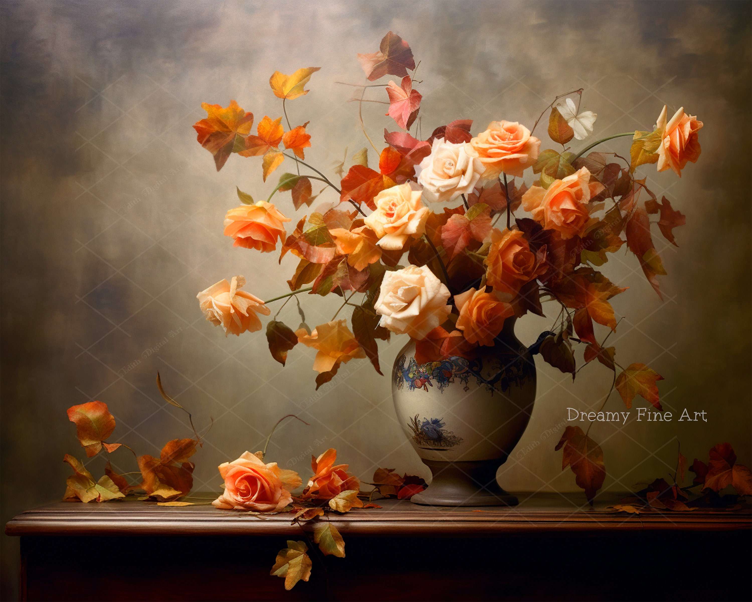 Vintage Still Life Painting Wall Art Print, Autumn Floral Base Wall ...