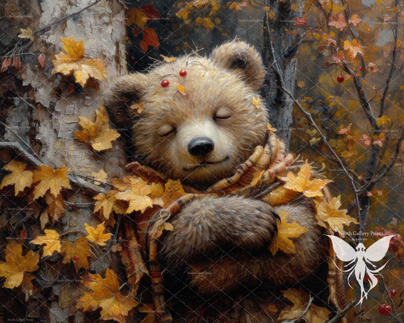 Cozy Fall Print, Bear Sleeping on Autumn Forest Tree, Digital Download ...