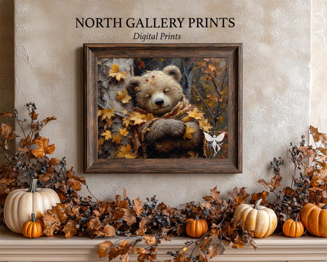 Cozy Fall Print, Bear Sleeping on Autumn Forest Tree, Digital Download ...