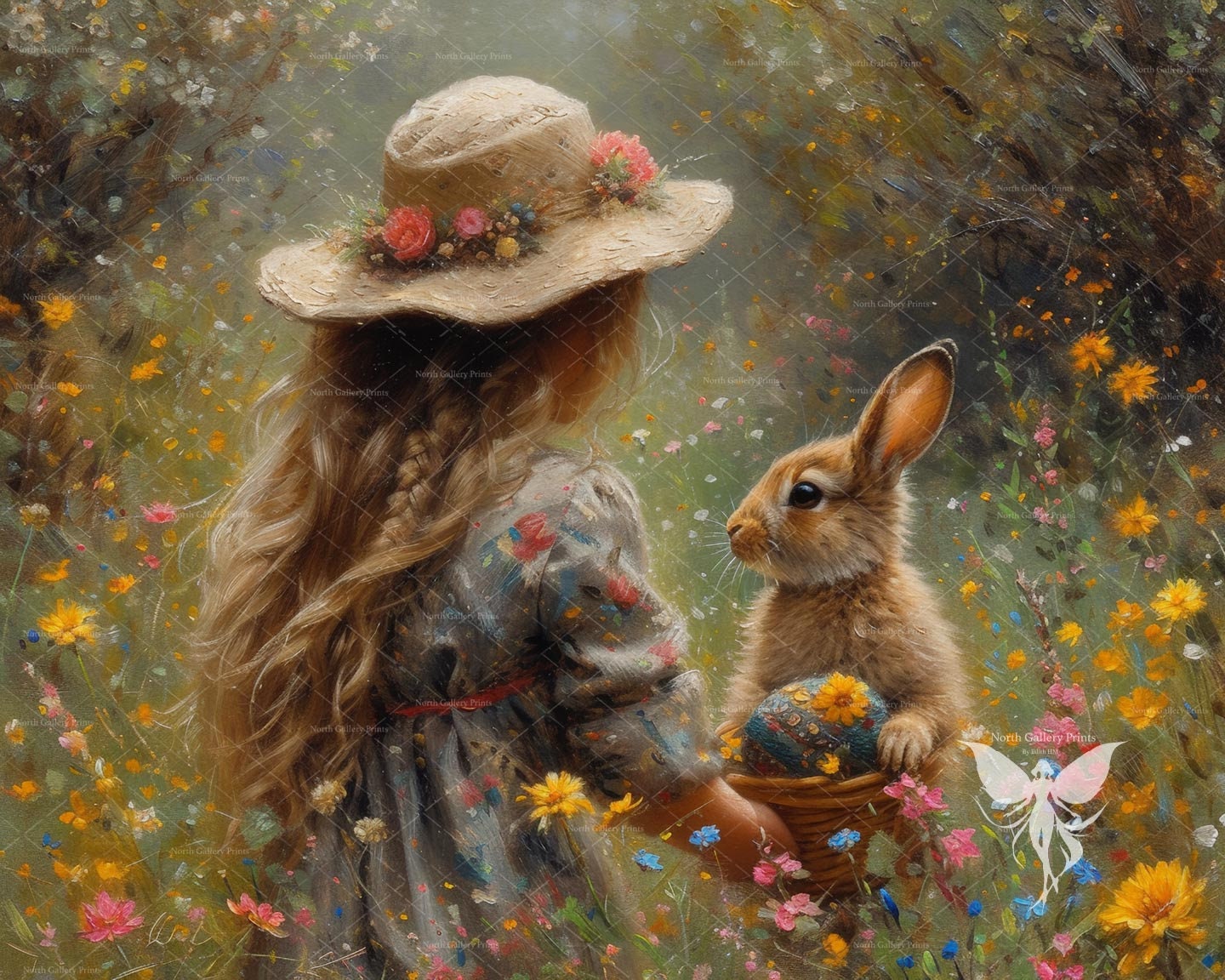 Spring Floral Field Painting, Girl With Bunny on Spring Blossom ...