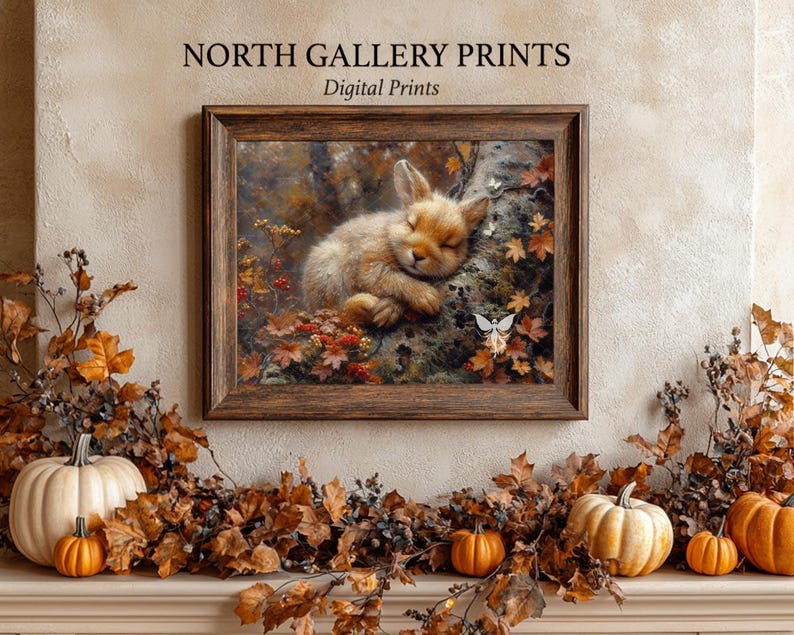 Autumn Printable Art, Fall Wall Decor, Printable Bunny on Autumn Forest ...