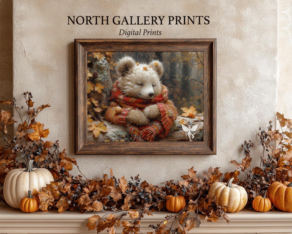 Fall Printable Art, Autumn Wall Decor, Printable Bear on Autumn Forest ...