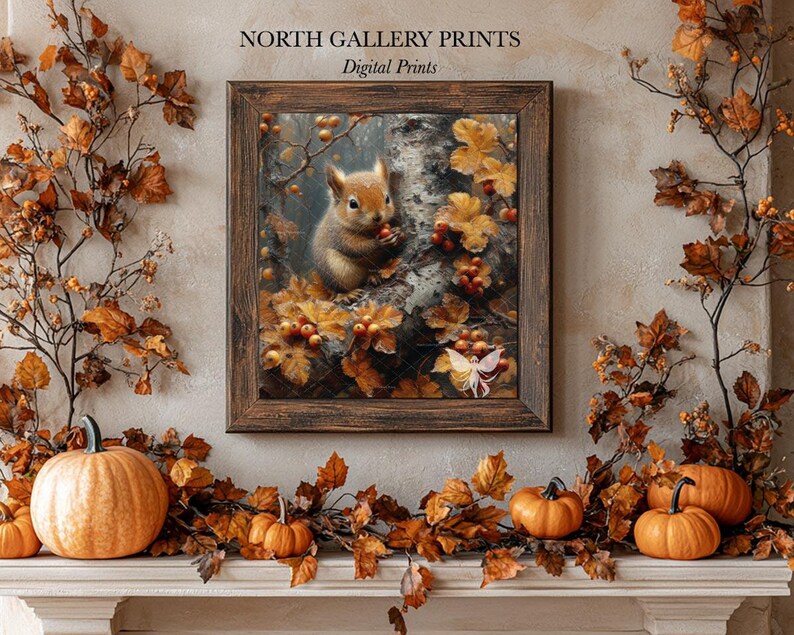Fall Digital Print, Autumn Wall Decor, Printable Squirrel on Autumn ...