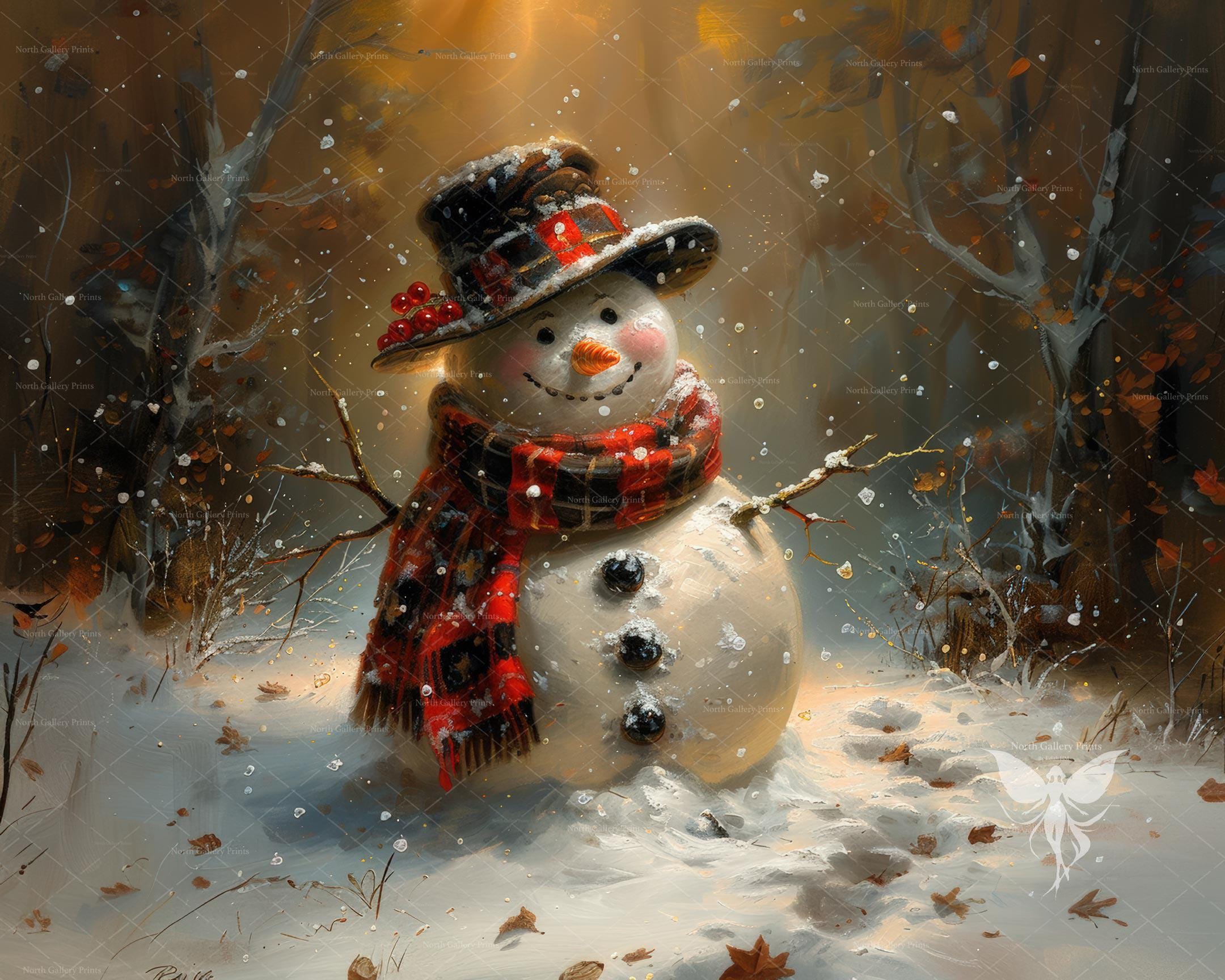 Christmas Snowman Printable Wall Art, Christmas Painting, Fine Art Wall ...