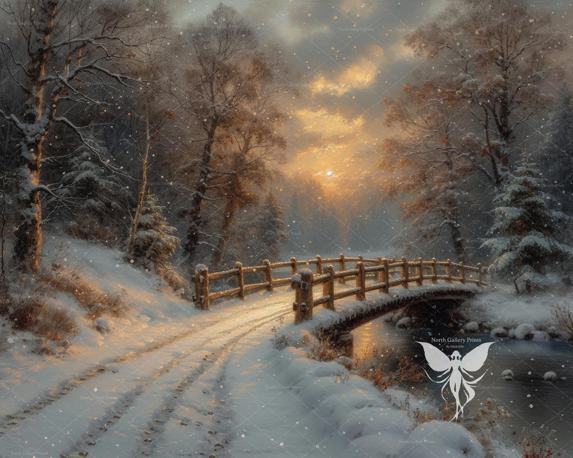 Snowy Bridge Printable Wall Art, Christmas Home Decor, Xmas Wall Art ...