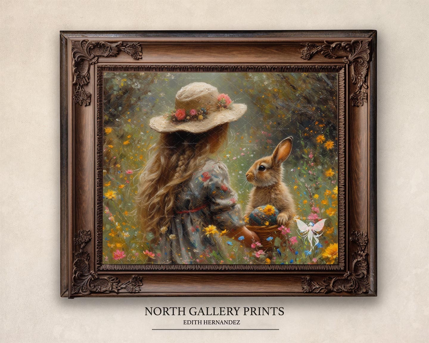 Spring Floral Field Painting, Girl With Bunny on Spring Blossom ...