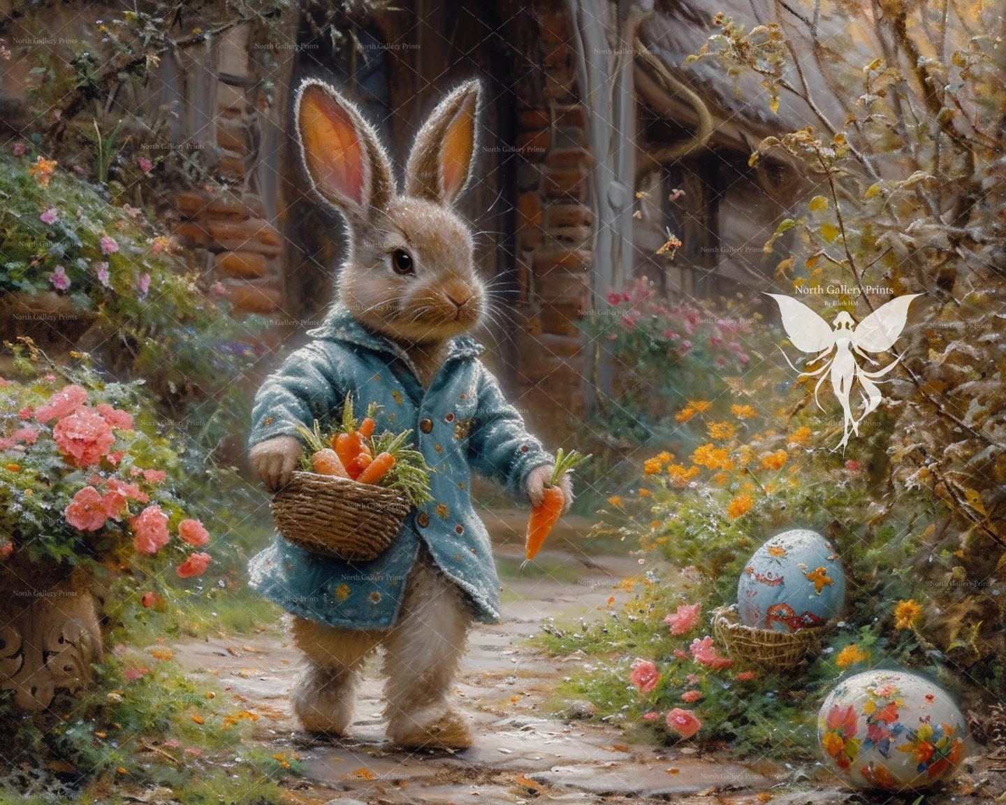 Easter Rabbit Printable Art, Easter Bunny at Spring Blossom Garden ...