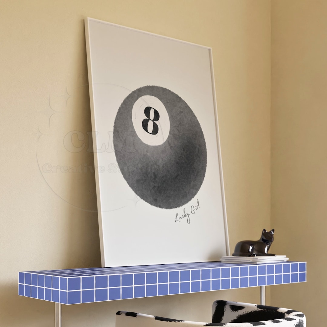 Watercolor Black Pool Ball Lucky Girl Typography Print, Y2K Room ...