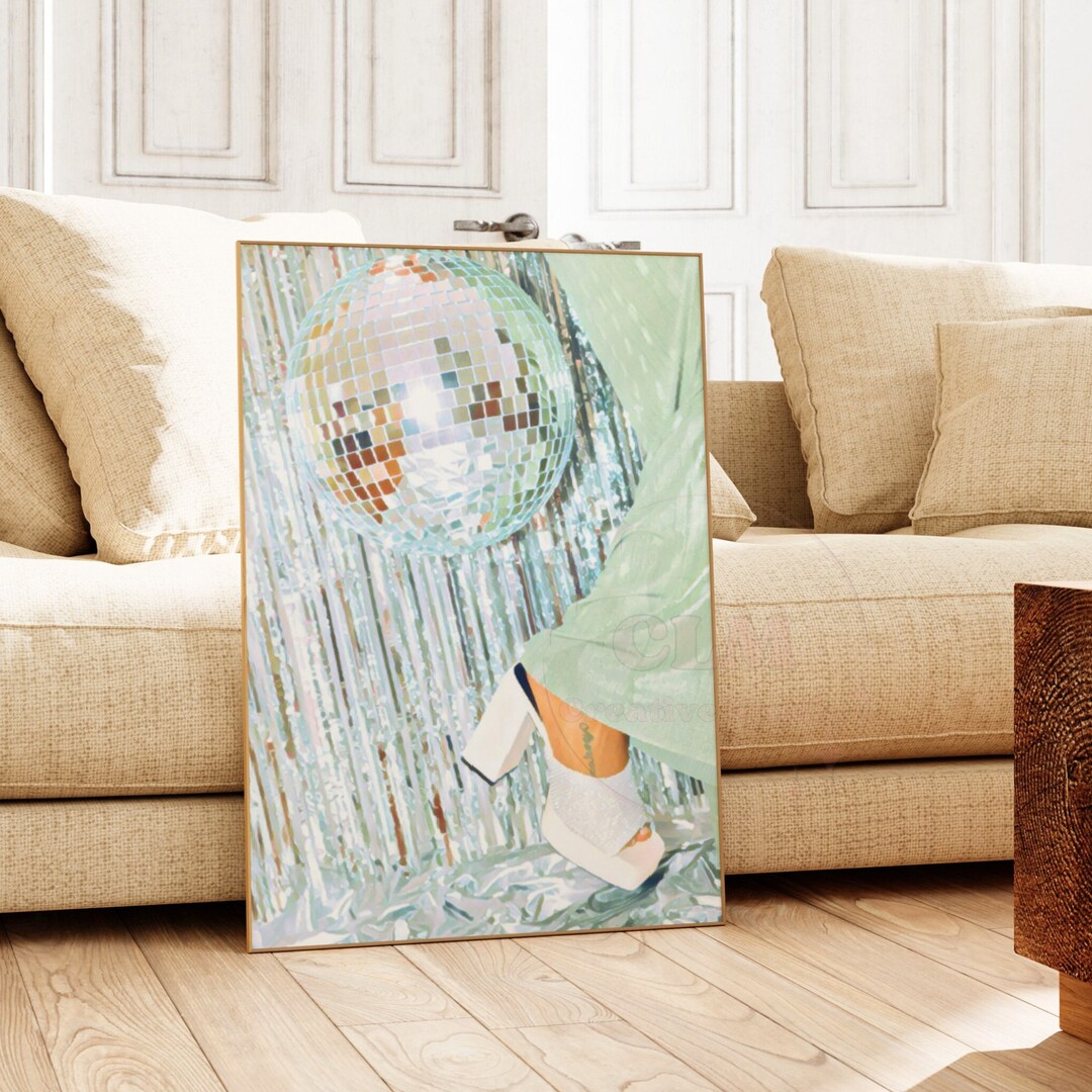 Preppy Retro Disco Ball Poster, Trendy Bar Cart Wall Art, Shiny Disco ...