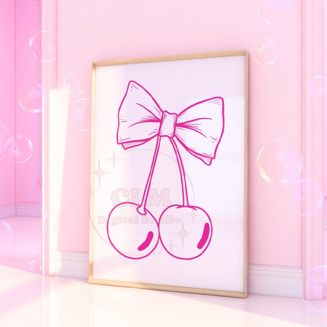Hot Pink Cherry With Bow Sketch Print, Coquette Pink Bow Printed ...