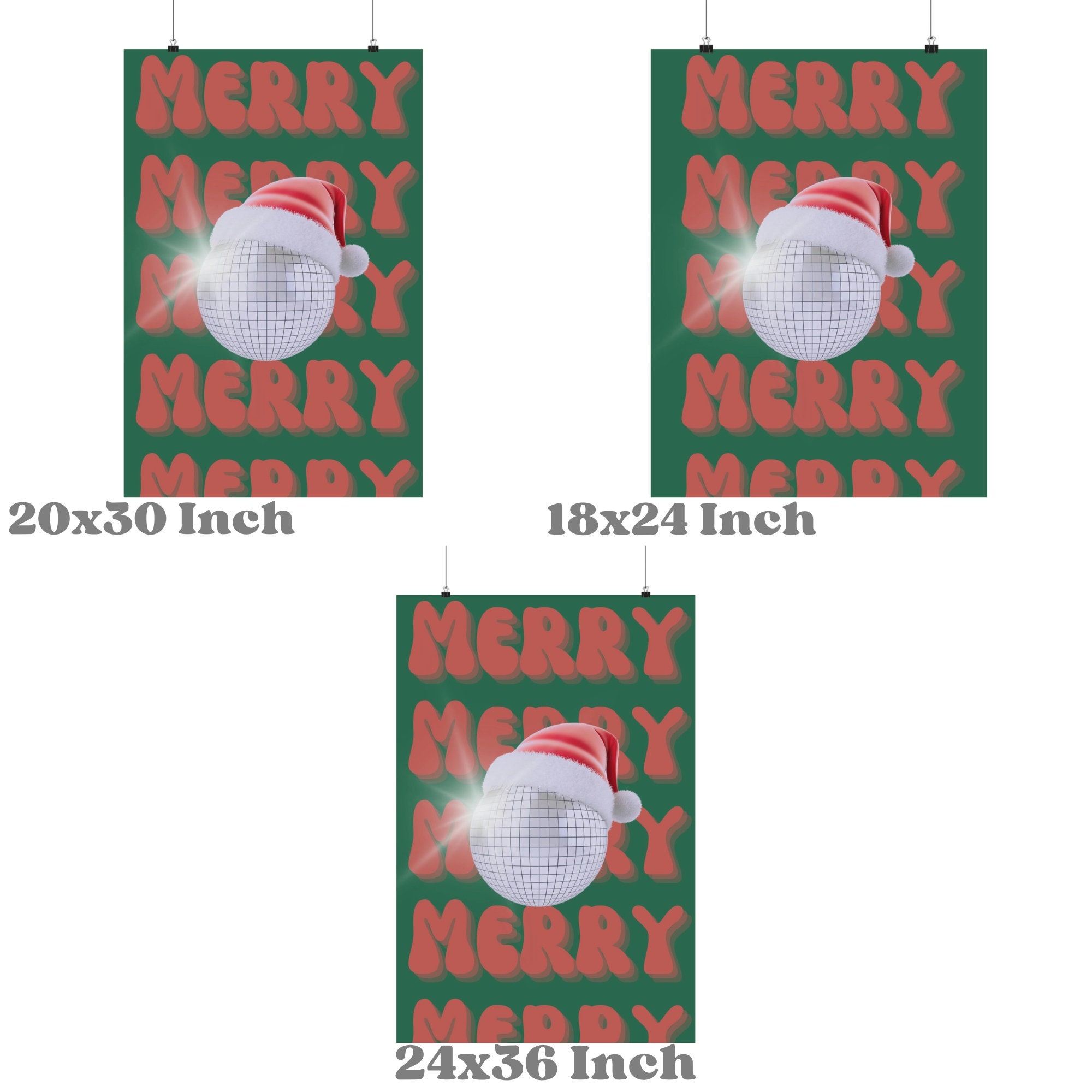 Xmas Disco Ball Print, Preppy Santa Hat Wall Art, Trendy Retro Merry ...