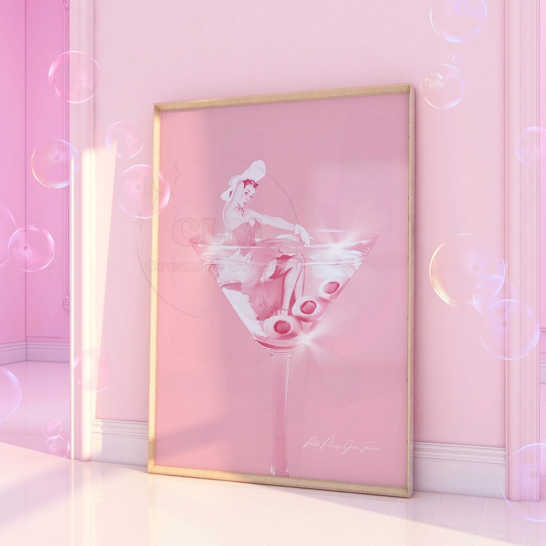 Pinup Girl in Martini Glass Poster in Pastel Pink, Trendy Cocktail Wall ...