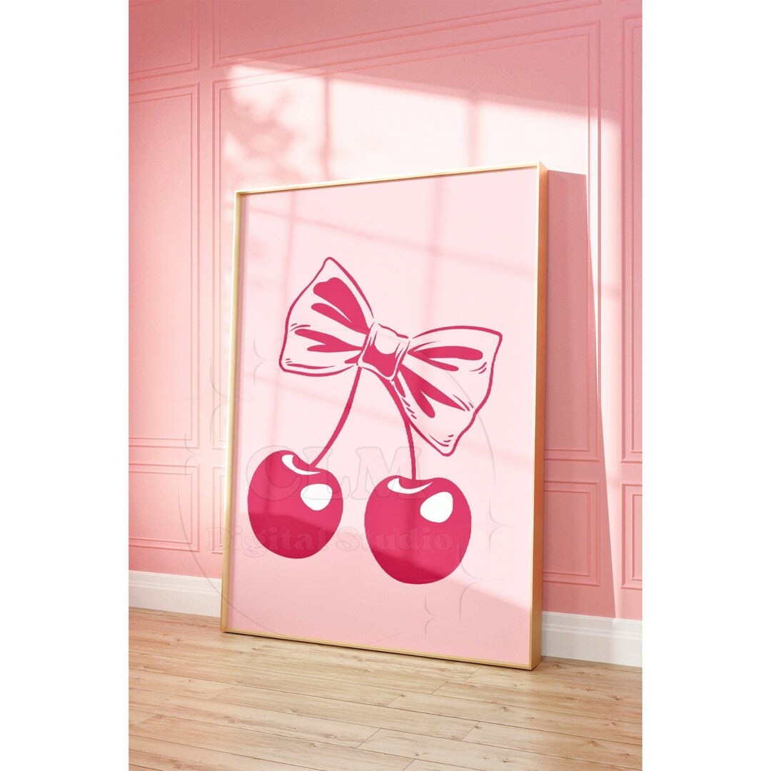 Hot Pink Cherry With Bow Sketch Print, Coquette Pink Bow Printed ...