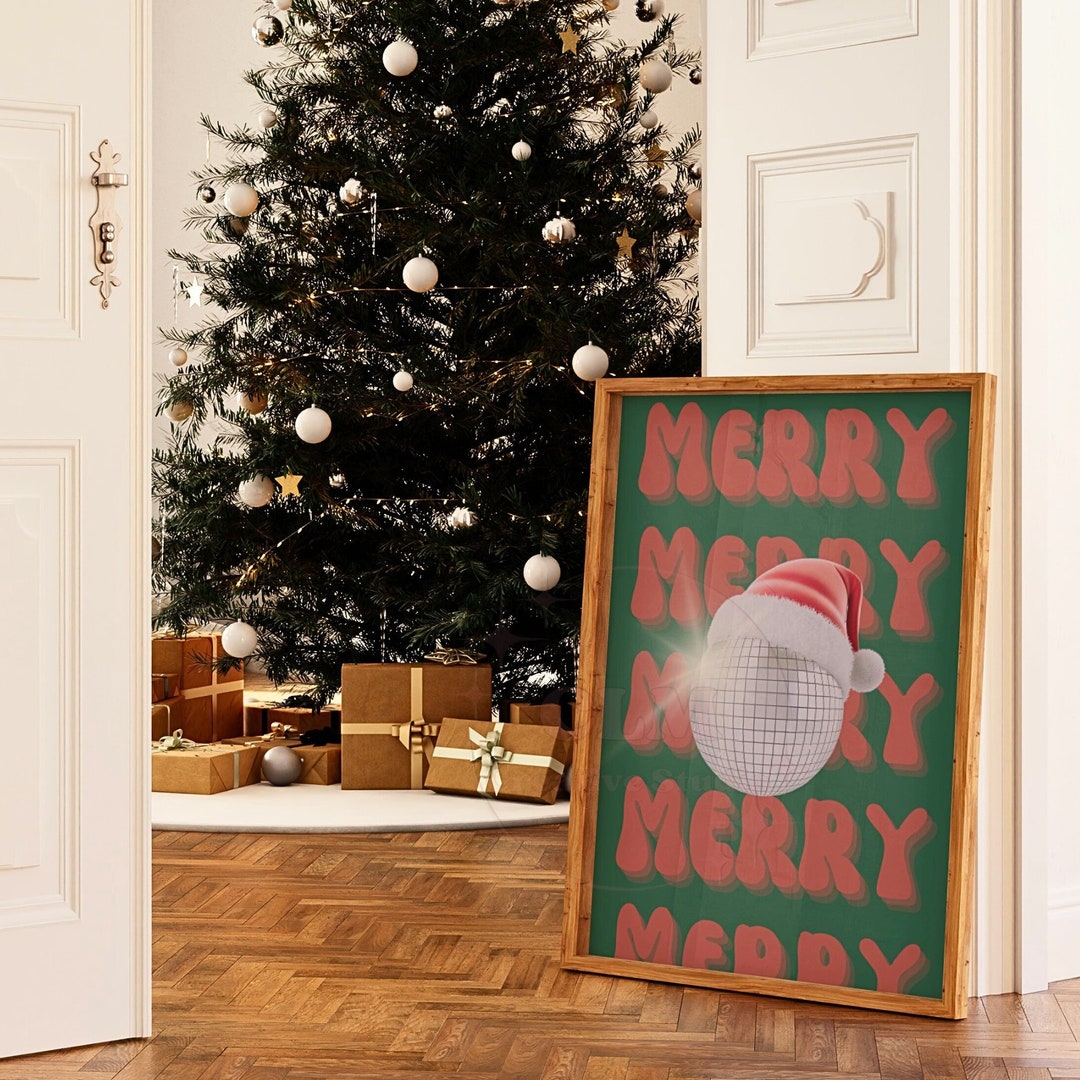 Xmas Disco Ball Print, Preppy Santa Hat Wall Art, Trendy Retro Merry ...