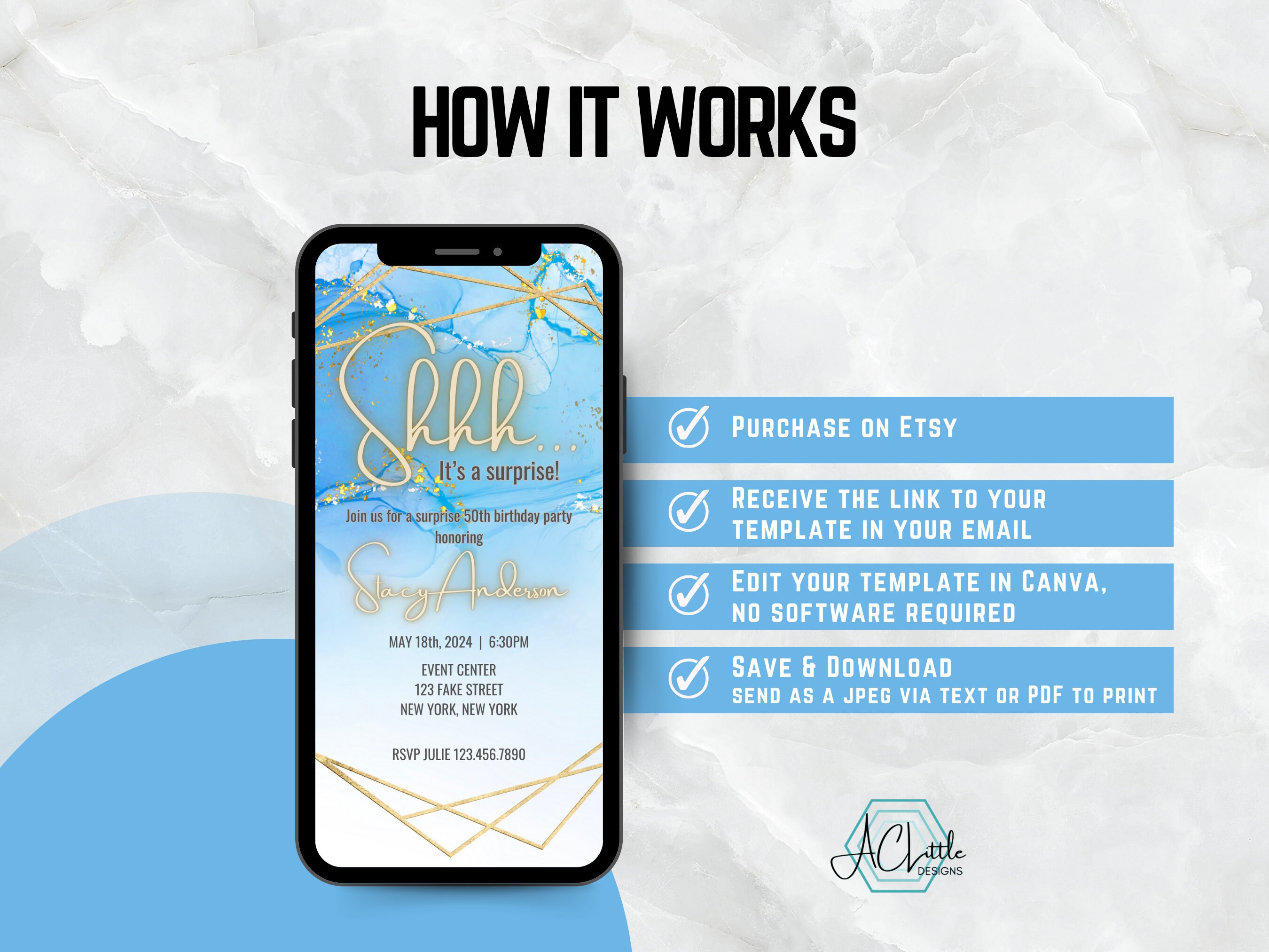 Editable Blue & Gold Surprise Party Birthday Invitation Template, Blue ...