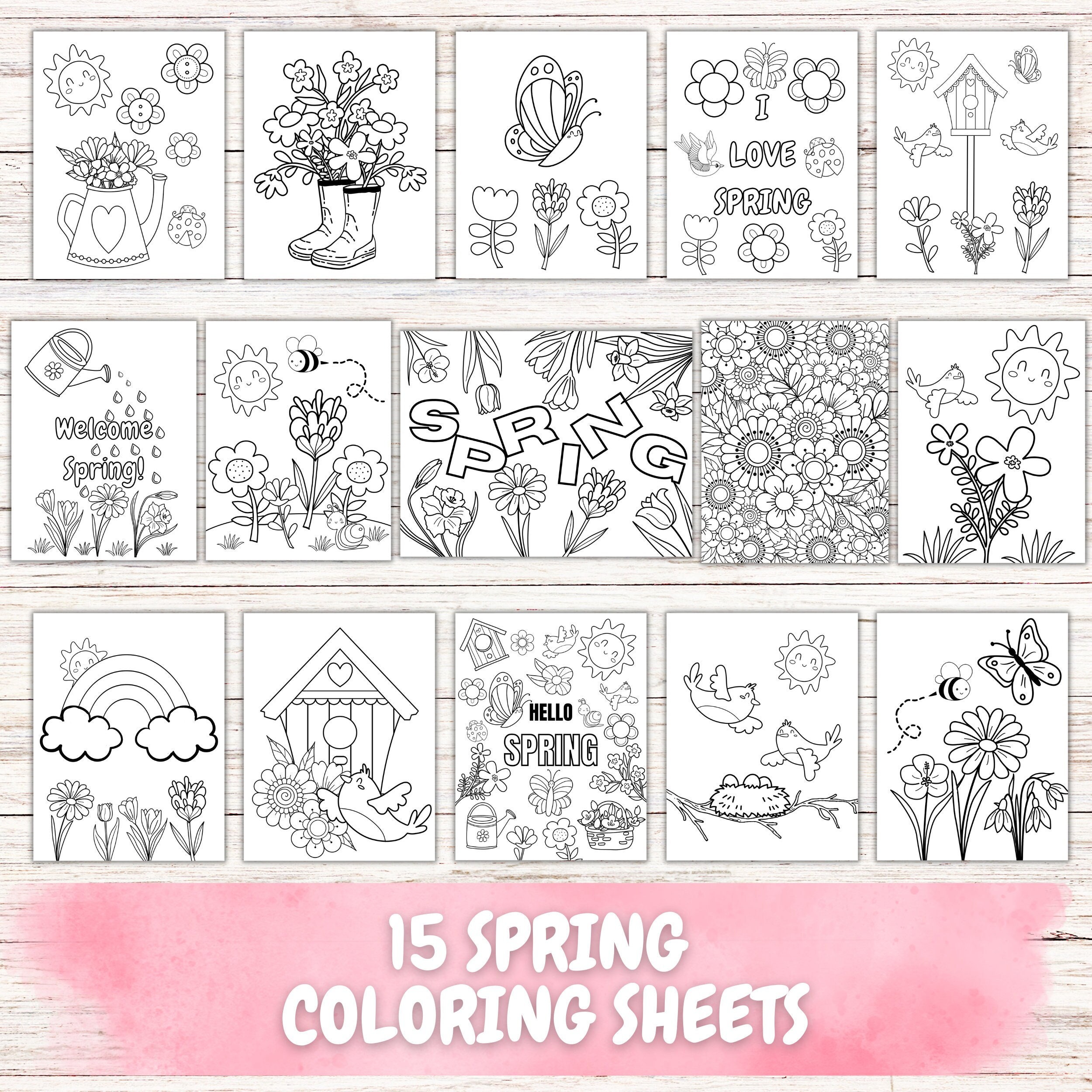 Spring Themed Coloring Pages, Bundle of 15 Designs - Printable Coloring ...