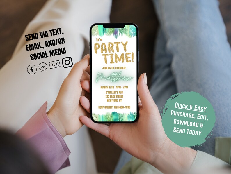 Editable Green & Glitter Gold Party Time Birthday Invitation Template ...