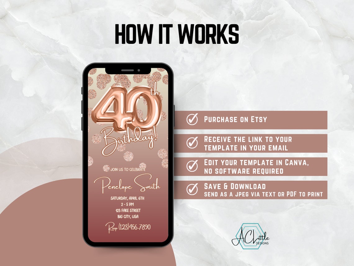 Editable Rose Gold Glitter 40th Birthday Invitation Template, Fortieth ...