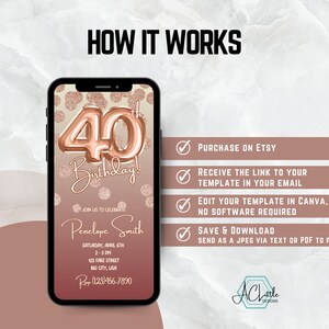 Editable Rose Gold Glitter 40th Birthday Invitation Template, Fortieth ...