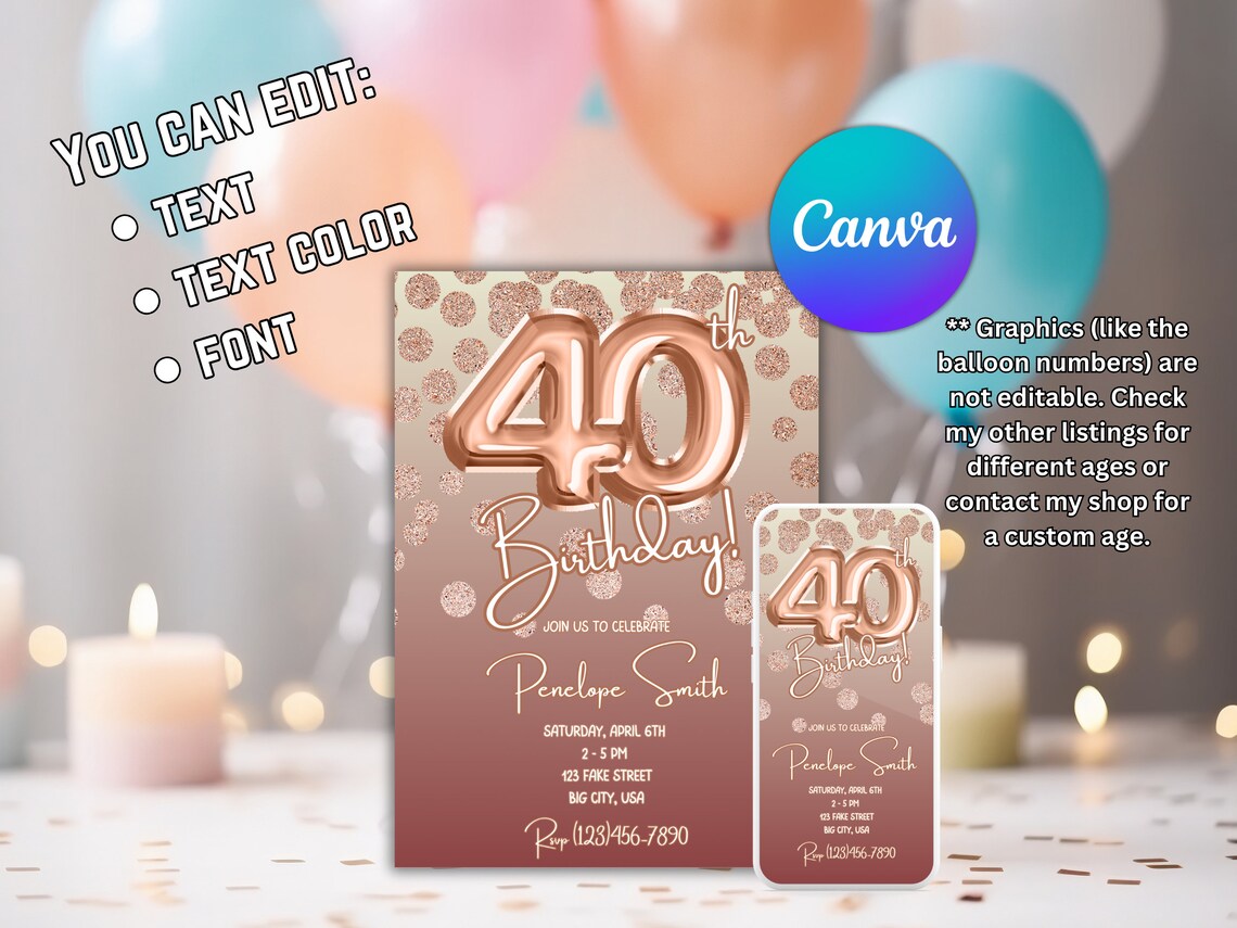 Editable Rose Gold Glitter 40th Birthday Invitation Template, Fortieth ...