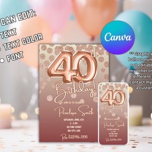 Editable Rose Gold Glitter 40th Birthday Invitation Template, Fortieth ...